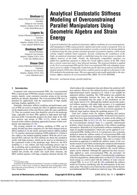 Pdf Analytical Elastostatic Stiffness Modeling Of Overconstrained Parallel Manipulators Using