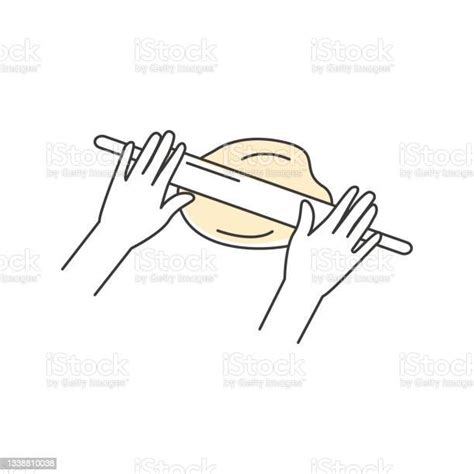 롤링 반죽 윤곽선 아이콘 롤링 핀이 있는 핸즈 수제 베이킹 페이스트리 만들기 베이킹 레시피에 대한 지침 디저트 준비 단계 플랫