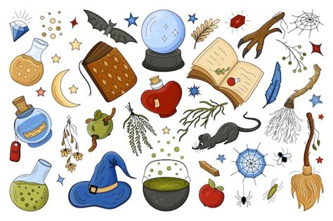 Colocar Itens Mágicos Doodle Ilustração De Vetor De Cor Objetos Tema