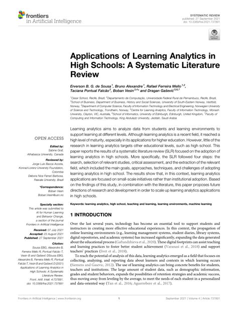 Pdf Applications Of Learning Analytics In High Schools A Systematic Literature Review
