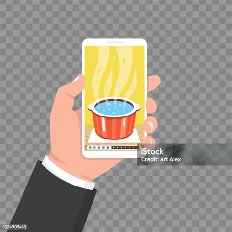 스마트 폰 화면에 응용 프로그램을 요리 냄비에 물을 끓입니다 물과 증기로 난로에 냄비를 요리 벡터 그림입니다 끓음에 대한 스톡 벡터 아트 및 기타 이미지 Istock