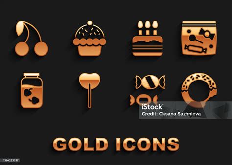 세트 롤리팝 과자를위한 사탕 포장 도넛 딸기 잼 항아리 불타는 촛불 체리와 컵 케이크 아이콘케이크 벡터 검은색에 대한 스톡 벡터 아트 및 기타 이미지 Istock