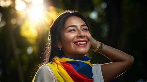 Joven Colombiana Alegre Con Bandera Colombiana Foto Premium