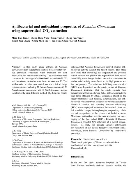 Pdf Antibacterial And Antioxidant Properties Of Ramulus Cinnamomi Using Supercritical Co2