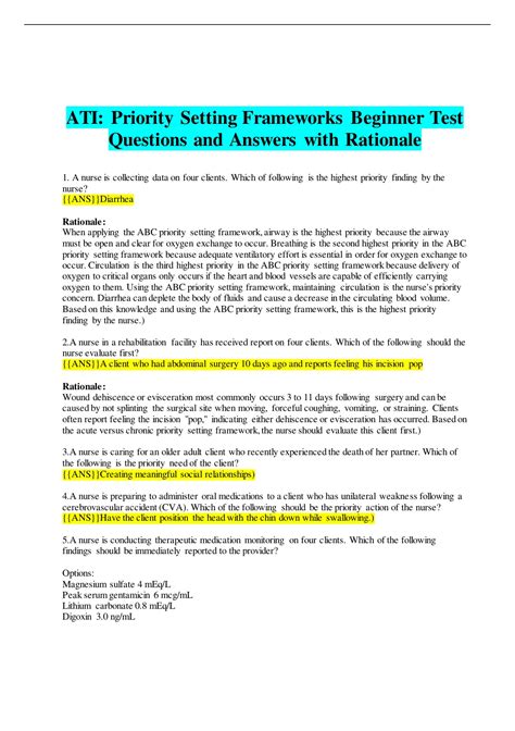 Ati Priority Setting Frameworks Beginner Test Answered All Correctly Ati Priority Setting