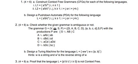 solved 1 4 6 a construct context free grammars cfgs