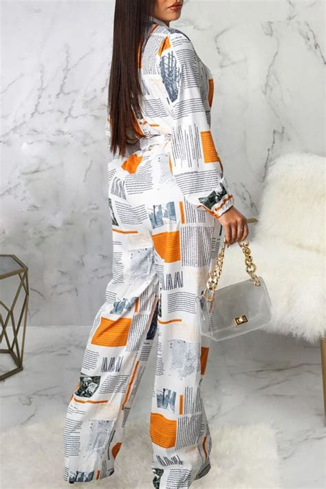 Casual Print Bandage Split Joint Buckle Turndown Collar Straight Jumpsuits
