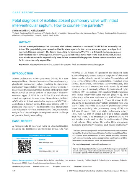 Pdf Fetal Diagnosis Of Isolated Absent Pulmonary Valve With Intact