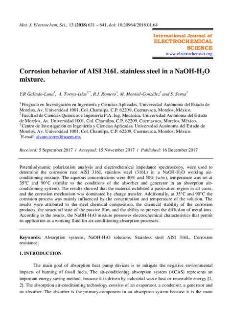 Pdf Corrosion Behavior Of Aisi 316l Stainless Steel In A Naoh H2o Mixture