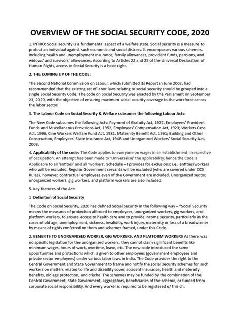 Overview Of The Social Security Code Pdf Welfare Employment