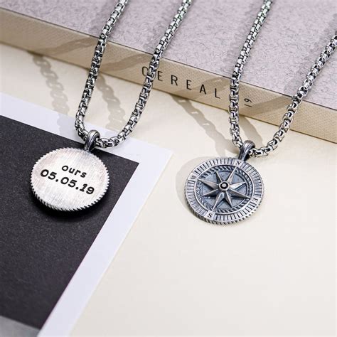 Engraved Silver Compass Pendant Necklace For Men Personalized Etsy