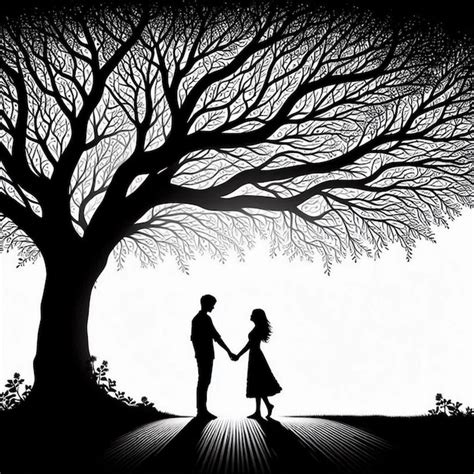 Premium Vector Romantic Silhouette Of A Couple Holding Hands Under A Tree