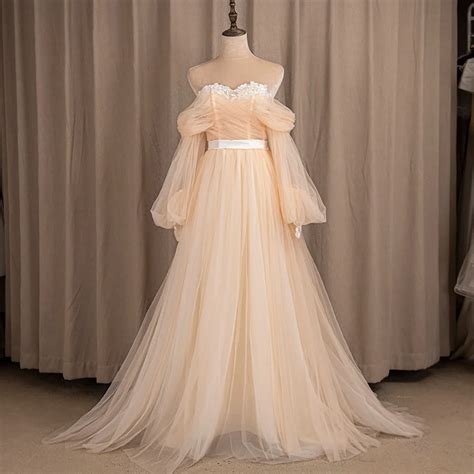 Fairy Off Shoulder Champagne Tulle Puffy Sleeves Long Party Dress A