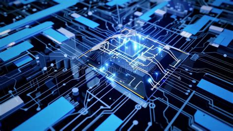 Glowing Blue Microchip On Circuit Board Representing Technology Stock