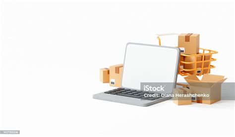 흰색 배경에 쇼핑 카트와 골판지 상자가있는 3d 노트북 온라인 상점에서 집이나 사무실에서 빠른 배달 전자 상거래 개념 빈 복사 공간이있는 사실적인 디자인 배너 3d 렌더링