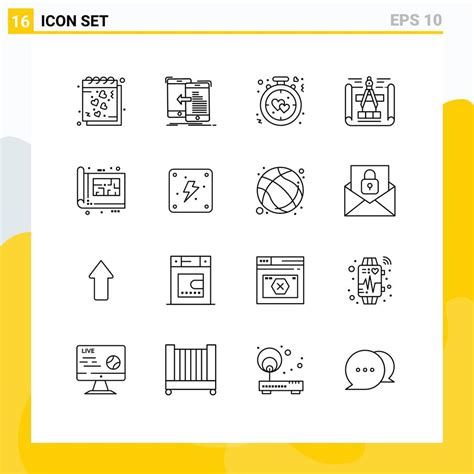 Mobile Interface Outline Set Of 16 Pictograms Of Sketch Blueprint Management Romance Alarm
