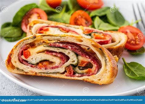 Italian Food Pizza Roll Stromboli With Cheese Salami Spinach And Red