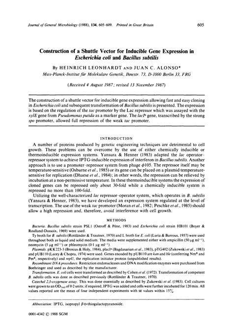 Pdf Construction Of A Shuttle Vector For Inducible Gene Expression In Escherichia Coli And