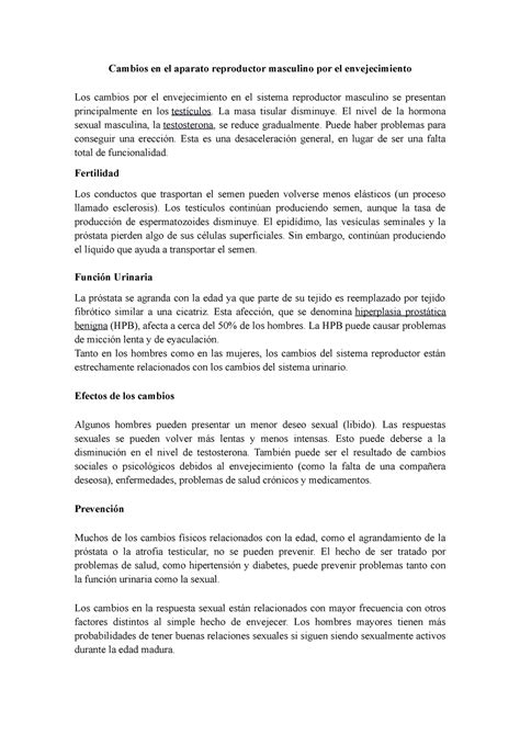Cambios En El Aparato Reproductor Masculino Por El Envejecimiento La Masa Tisular Disminuye