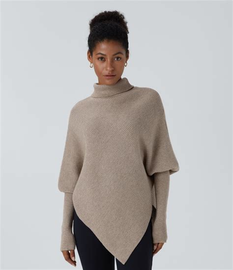 Womens High Neck Long Sleeve Asymmetric Hem Work Sweater Halara