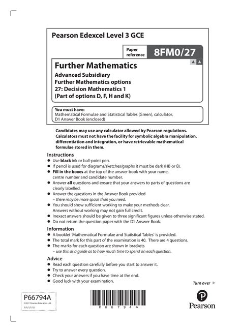 Pearson Edexcel Level 3 Gce Further Mathematics Advanced Subsidiary