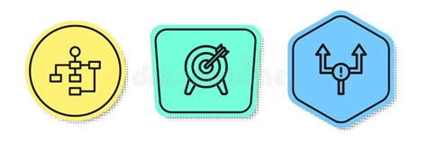 Set Line Hierarchy Organogram Chart Target And Arrow Colored Shapes