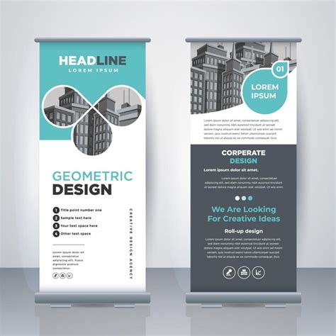 기하학적 비즈니스 롤업 Standee 디자인 배너 템플릿 프레젠테이션 및 브로셔 현대 기하학적 Xbanner 및 Flagbanner 광고 벡터 일러스트 레이 션 프리미엄 벡터