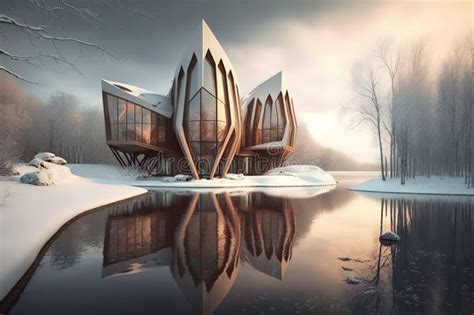 Stunning Futuristic Wood And Glass Luxury Eco Mansion Stock