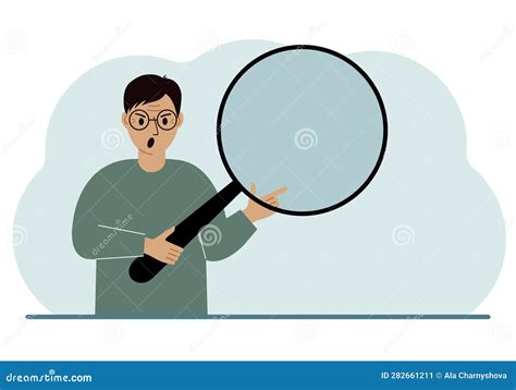 A Man Holds A Large Loupe Or Magnifying Glass In His Hands Stock