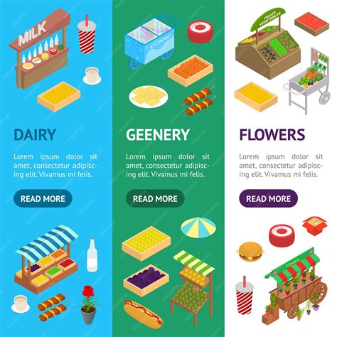 Premium Vector Vendor Food Street Signs 3d Banner Vecrtical Set Isometric View Vector
