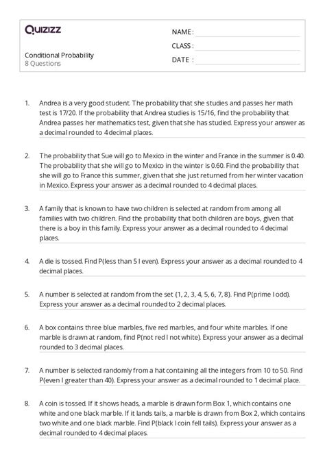 Conditional Probability Worksheets For Th Grade On Quizizz Free Printable