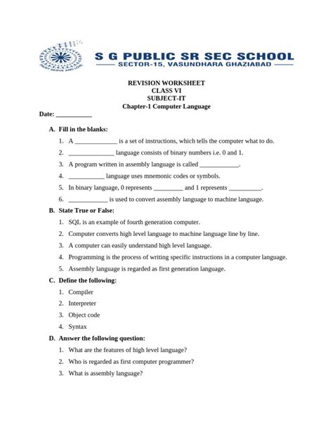 Class Vi It Revision Computer Language Pdf
