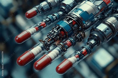 Advanced Robotic Arm Manipulating A Row Of Capsules In A High Tech