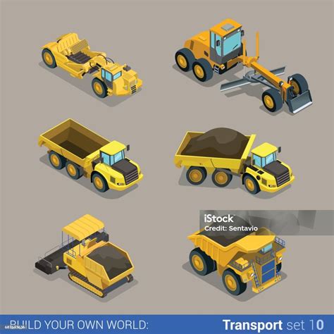 3 차원 Isometric 스타일 현대 고속도로 노면 건설 사이트 바퀴 트랙 차량 전송 웹 응용 프로그램 아이콘 설정 개념을 만드는 평면 팁 팁 트럭 아스팔트 포장 재료