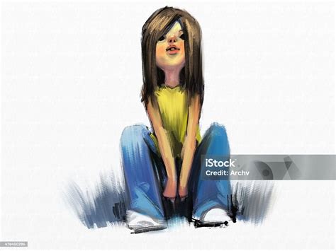 Lukisan Gadis Kecil Yang Lucu Duduk Ilustrasi Stok Unduh Gambar