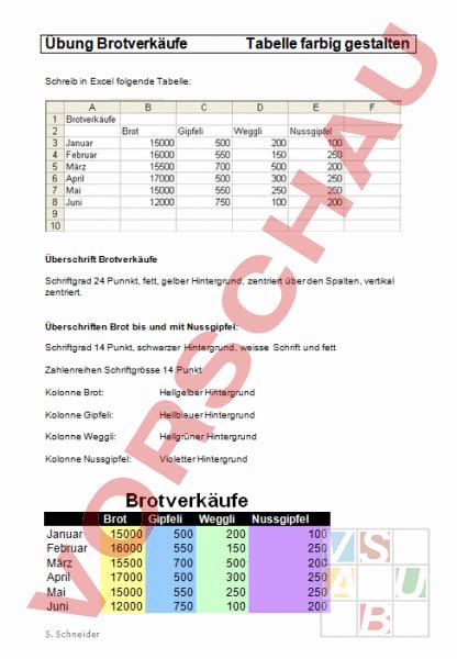 Arbeitsblatt Tabelle Farbig Gestalten Informatik Tabellenkalkulation