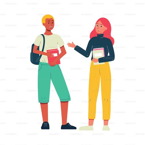 젊은 두 명의 학생들이 하얀 배경에 고립된 활기차고 평평한 벡터 삽화를 들고 이야기를 나눴다 대학생 또는 대학생 캐릭터 사진 Unsplash의 우정 이미지