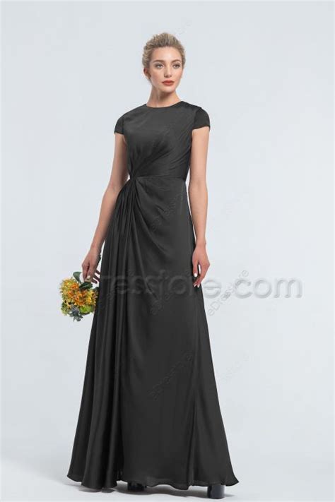 Modest Satin Black Bridesmaid Dresses Cap Sleeves EDresstore