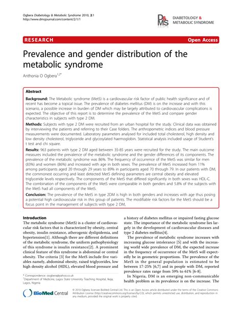 Pdf Prevalence And Gender Distribution Of The Metabolic Syndrome