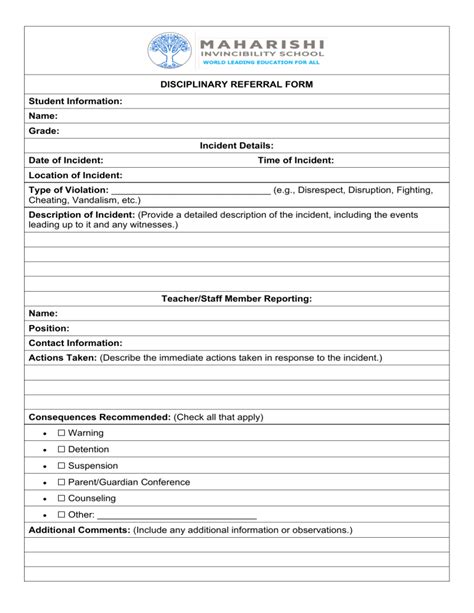 Disciplinary Referral Form For Schools