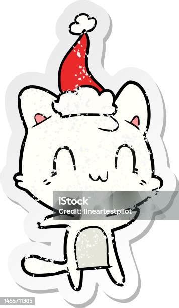 산타 모자를 쓴 행복한 고양이의 손으로 그린 고민 스티커 만화 고양이 새끼에 대한 스톡 벡터 아트 및 기타 이미지 고양이 새끼 귀여운 낙서 드로잉 Istock