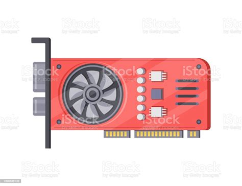 팬 상단 보기 아이소메트릭 아이콘 벡터 일러스트레이션이 있는 컴퓨터 비디오 카드입니다 Pc 빨간 전자 운전사 등측투영법에 대한