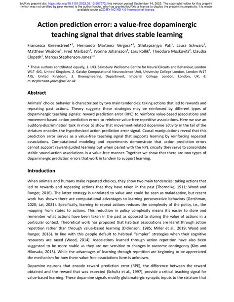 PDF Action Prediction Error A Value Free Dopaminergic Teaching Signal That Drives Stable Learning