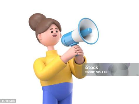 발표를 위해 확성기를 사용하는 웃는 아시아 여성 안젤라의 3d 그림 흰색 배경에 3d 렌더링 Publicity Event에 대한