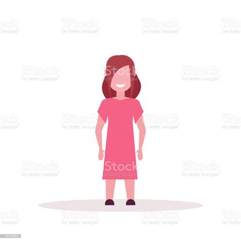 행복 한 갈색 머리 소녀 서 포즈 작은 아이 여성 만화 캐릭터 전체 길이 평면 흰색 배경 갈색 머리에 대한 스톡 벡터 아트 및