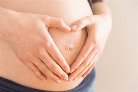 임신한 여자는 그녀의 아기 범프에 심장 모양에 그녀의 손을 잡고 손가락 심장 기호로 임신 배입니다 출산 개념입니다 베이비 샤워