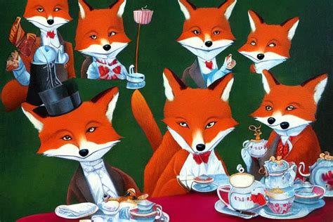 Anthropomorphic Foxes Wearing Monocles And Top Hats At Stable