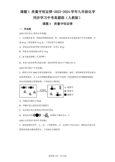 课题1质量守恒定律含解析 2023 2024学年九年级化学同步学习中考真题练（人教版） 21世纪教育网