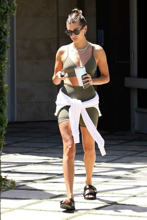 Hailey Bieber In An Olive Spandex Shorts Leaves Her Workout Session In