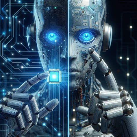 Modern Robots With Artificial Intelligence With Blue Eyes Stock